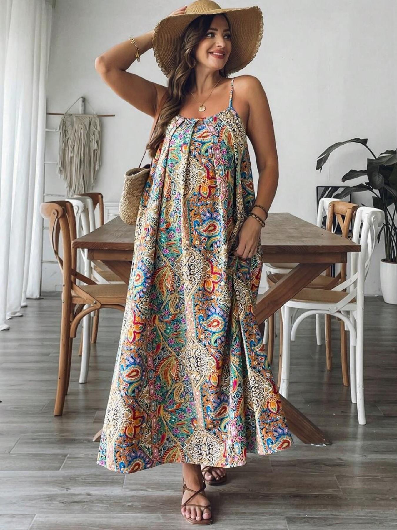 Boho Print Maxi Dress for Women, Loose Fit Summer Beachwear, Thin ...