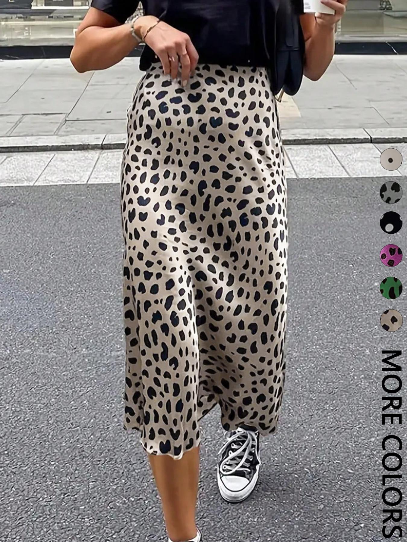 Women's Leopard Print Side Zipper Silk Satin High Waist Fit A-Line Midi ...