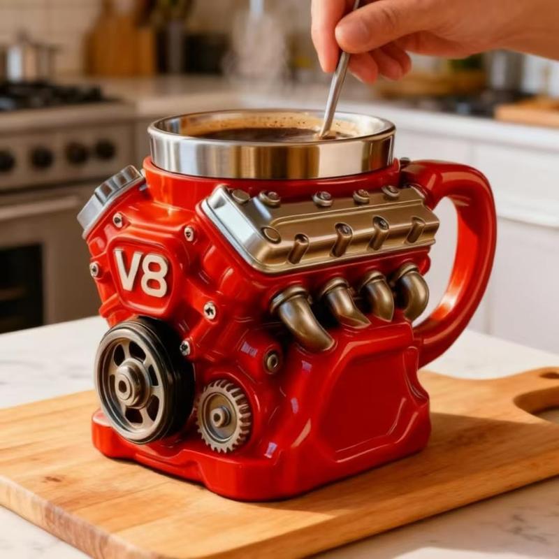 V8 Engine Stainless Steel Coffee Cup, 3D Mechanical Design Dual Layer ...