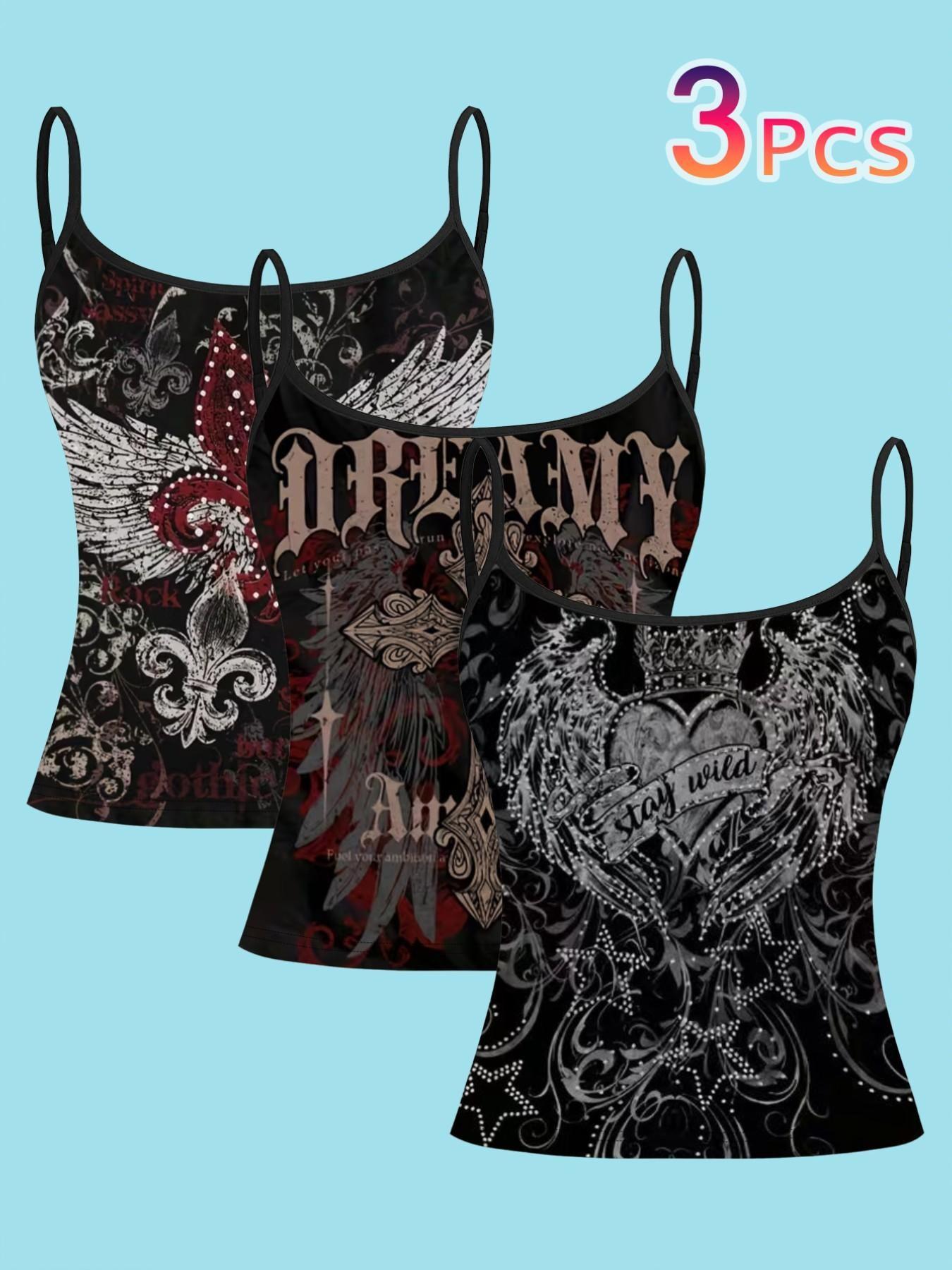 3 Piece Gothic Heart & Pattern Cami Set, Slim Fit Casual Outerwear ...