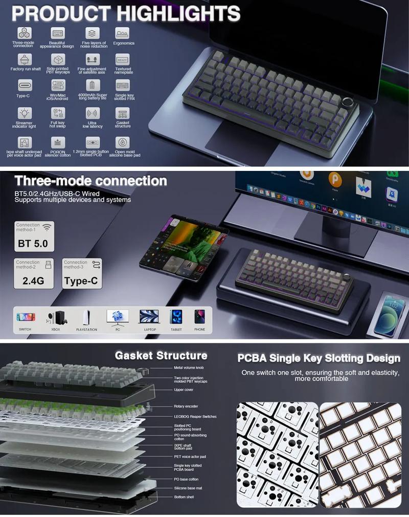 Gaming Mechanical Keyboard AULA F75 RGB Lighting 2.4G/BT5.0/Three-Mode ...