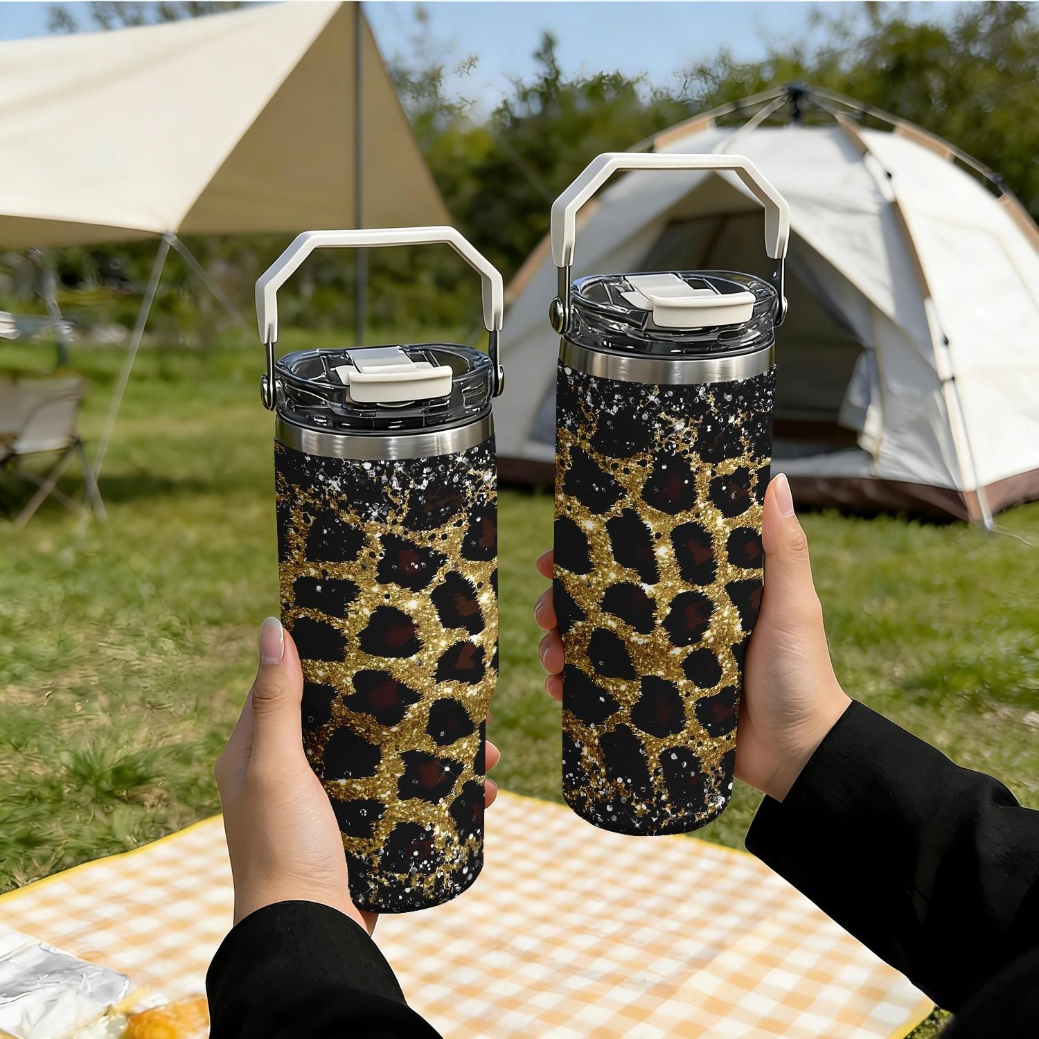 30oz Stainless Steel Handheld Water Bottle, Gold Leopard Print Design ...