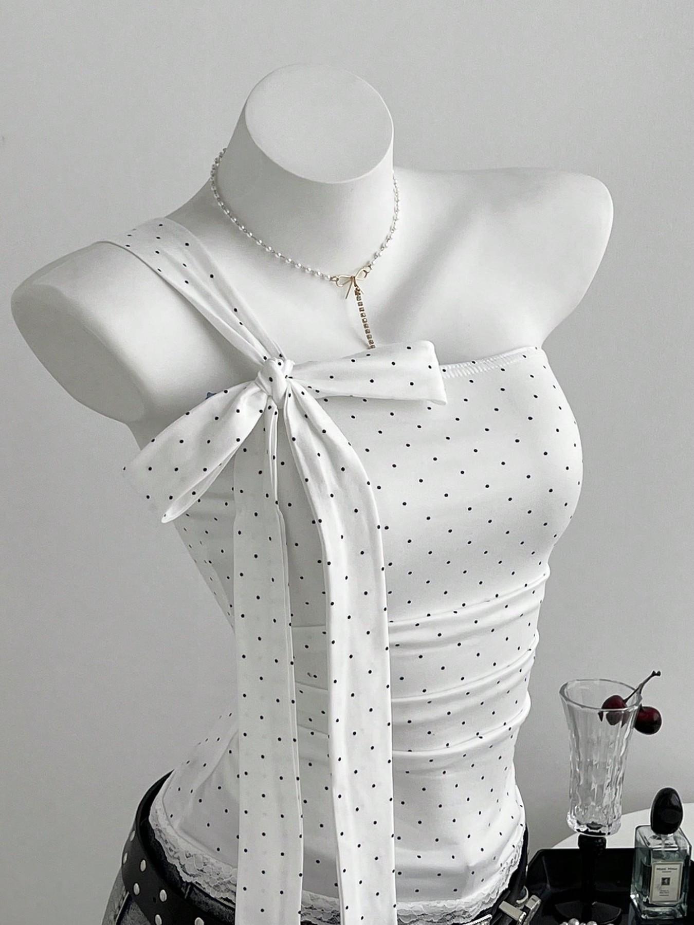 Y2K Sweetheart Polka Dot Strapless Sleeveless Top, Asymmetric Bow Tie ...