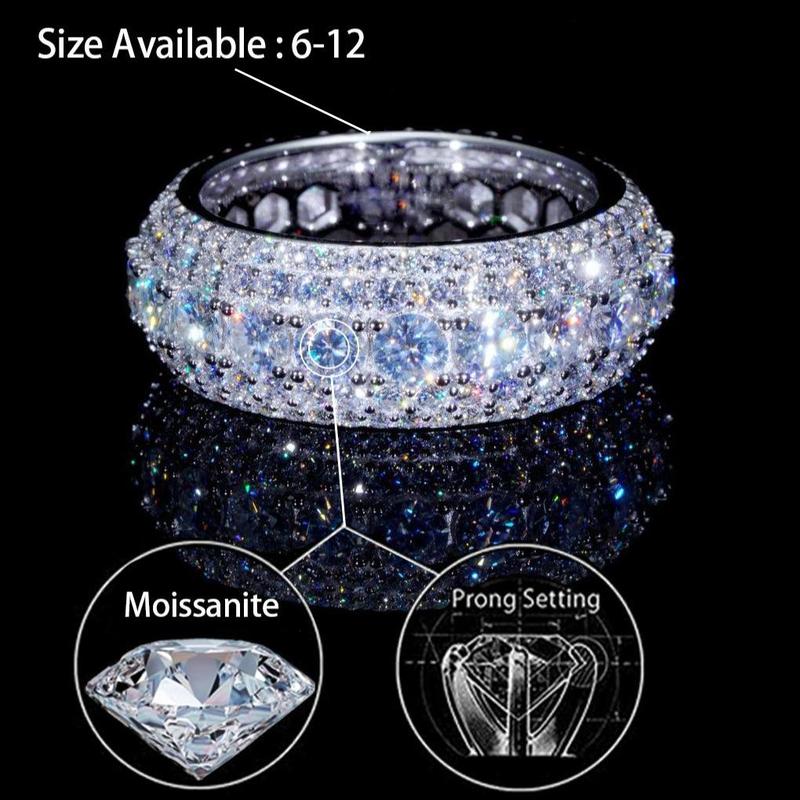 9/11/13MM Full Moissanite Synthetic Iced Out Five-Row Ring 2 Colors ...
