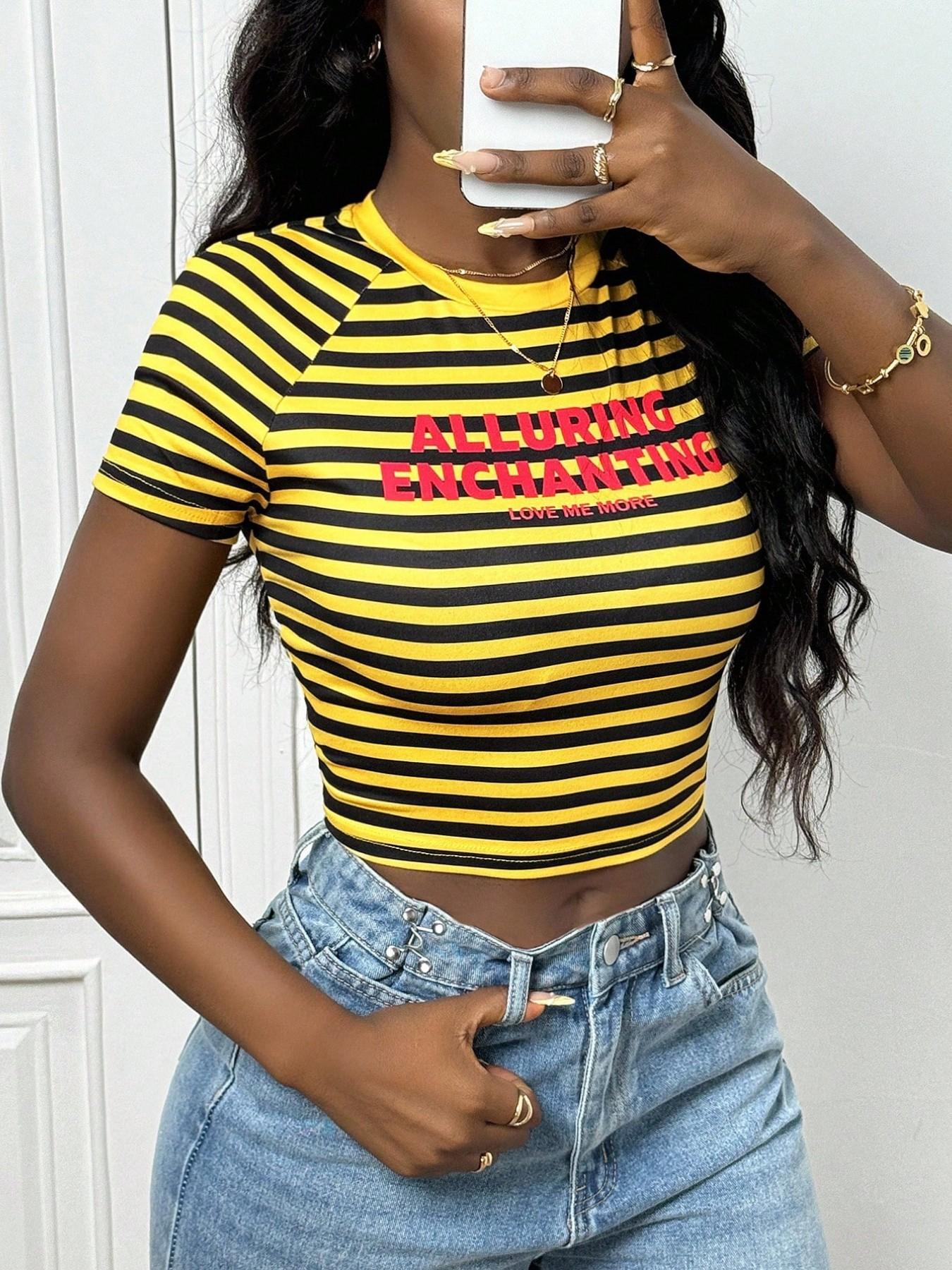Yellow Black Striped Slogan Print Form-Fitting Short Sleeve Round Neck ...