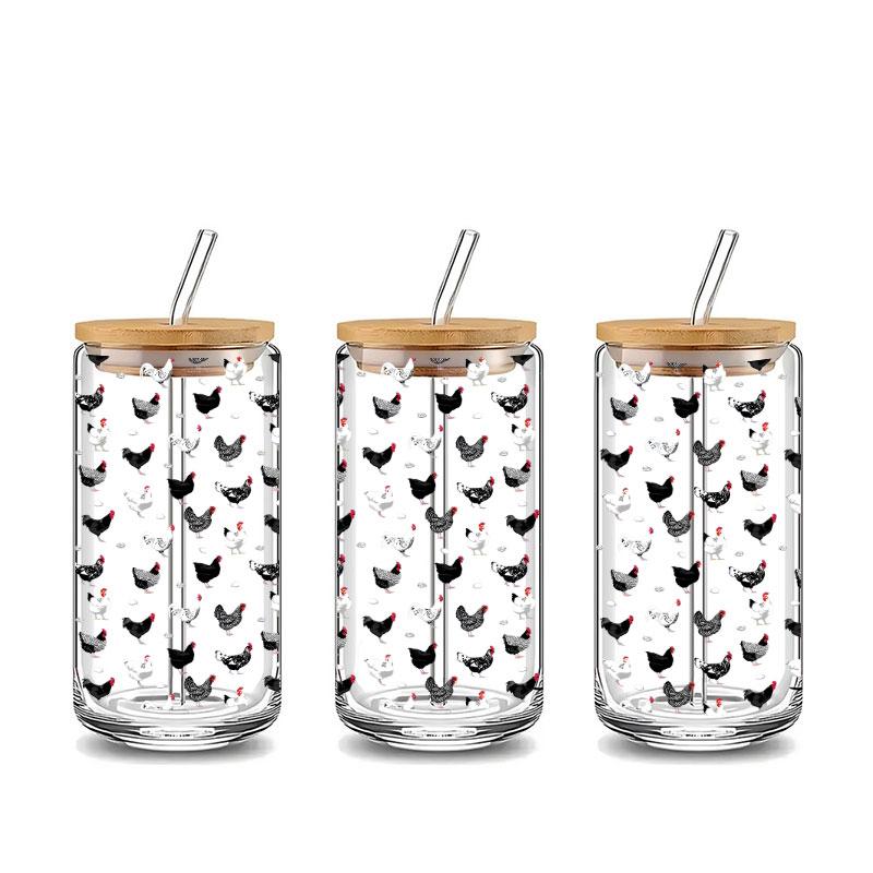 Chicken Print 16oz Glass Tumbler with Bamboo Lid and Straw, Can Shaped ...