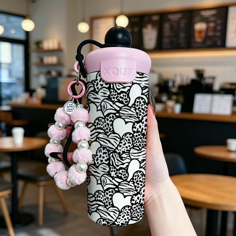 600ML Insulated Tumbler with Straw, Pearl Bead Bracelet, Heart Zebra ...