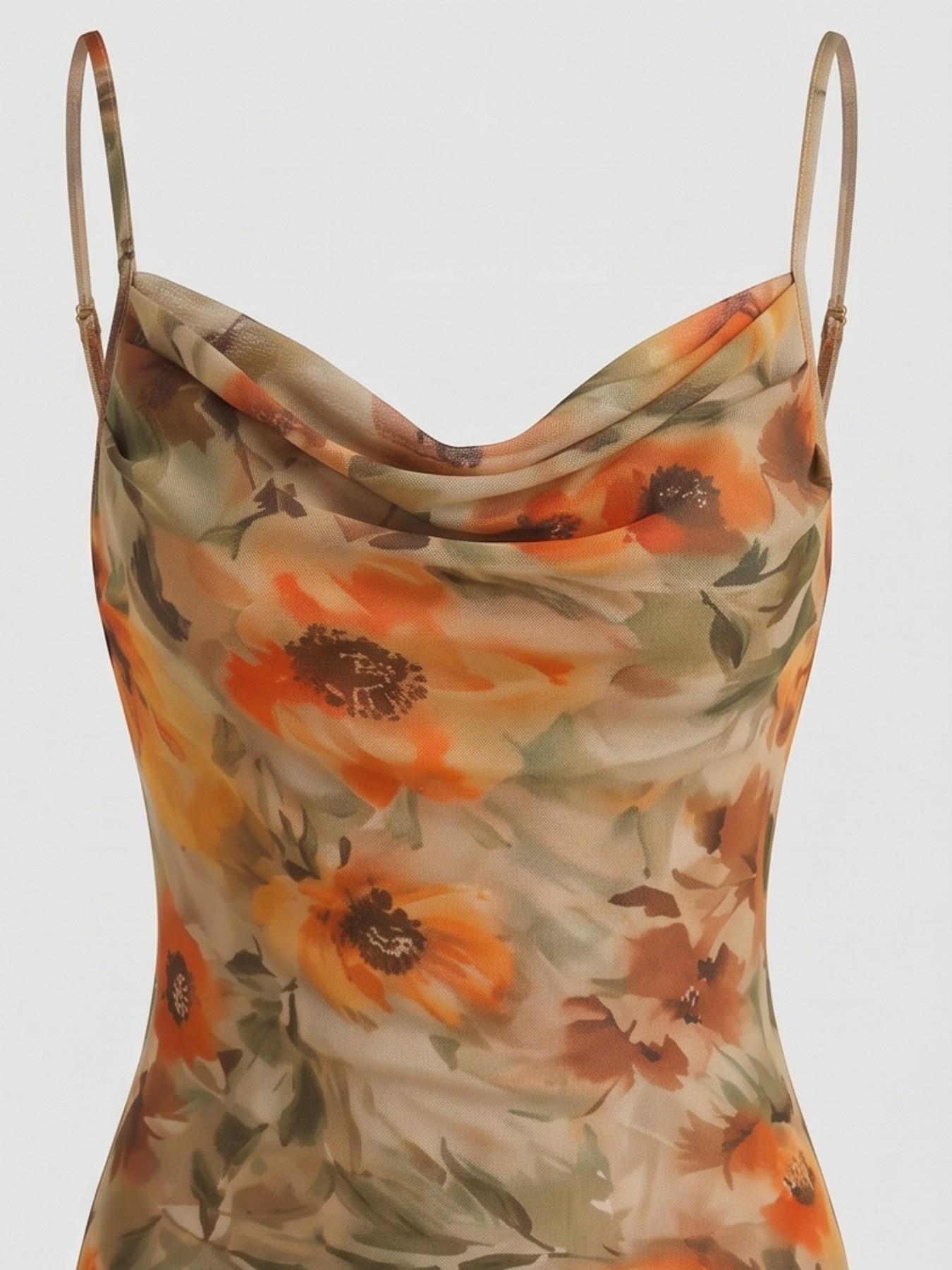 Women's Vintage Floral Print Halter Long Dress, Slim-Fitting Fish Tail ...