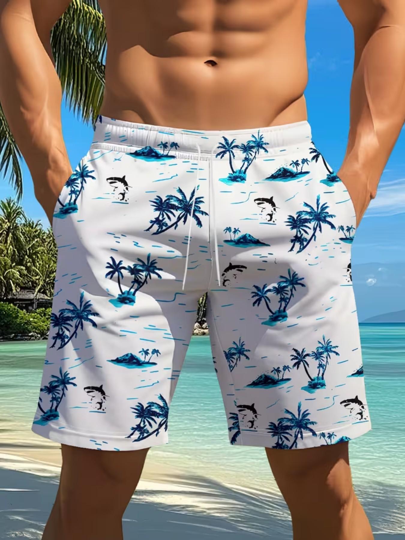 Men's Fashion Aesthetic Coconut Tree & Shark Tropical Print Casual ...