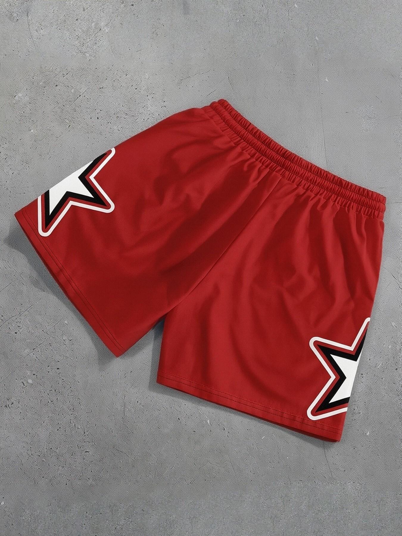 Men's Red Graffiti Star Print Drawstring Athletic Shorts, Casual Summer ...