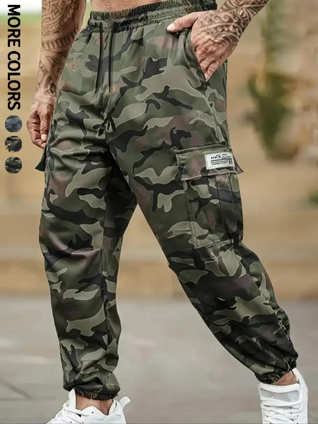 Men's Camo Print Pants with Pocket Design, Loose Casual Elastic Waist ...