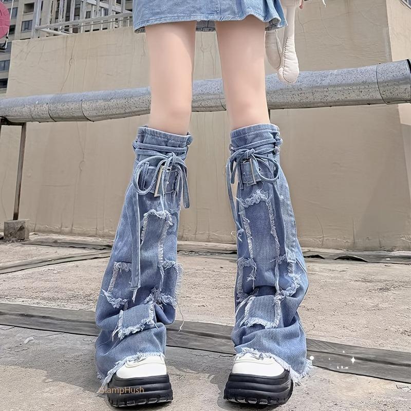 Women's 2026 New Vintage Cross-Washed Denim Strappy Flared Leg Warmers ...