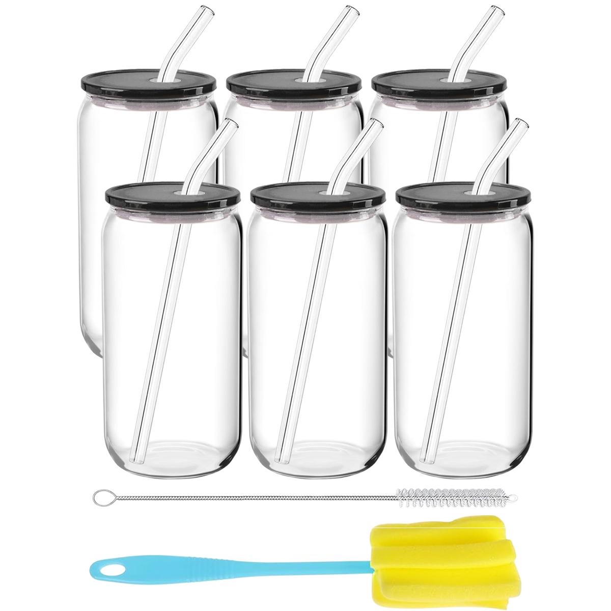 Glass Cups with Lids and Glass Straw, 1/6 Pack Beer Can Drinking ...