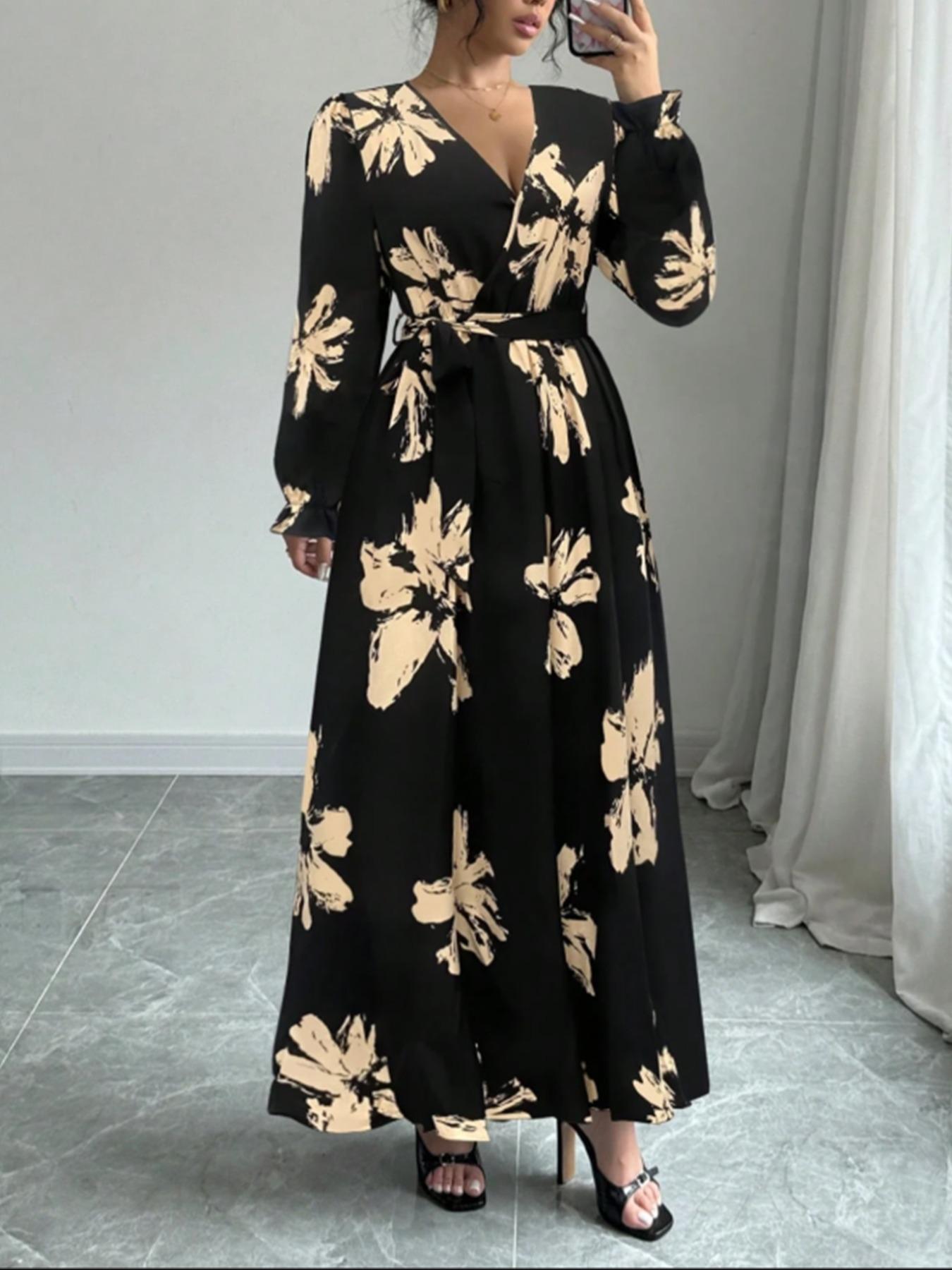 Chiquease Women's Lady Neck Lantern Sleeve Floral Cinched Waist A-Line ...