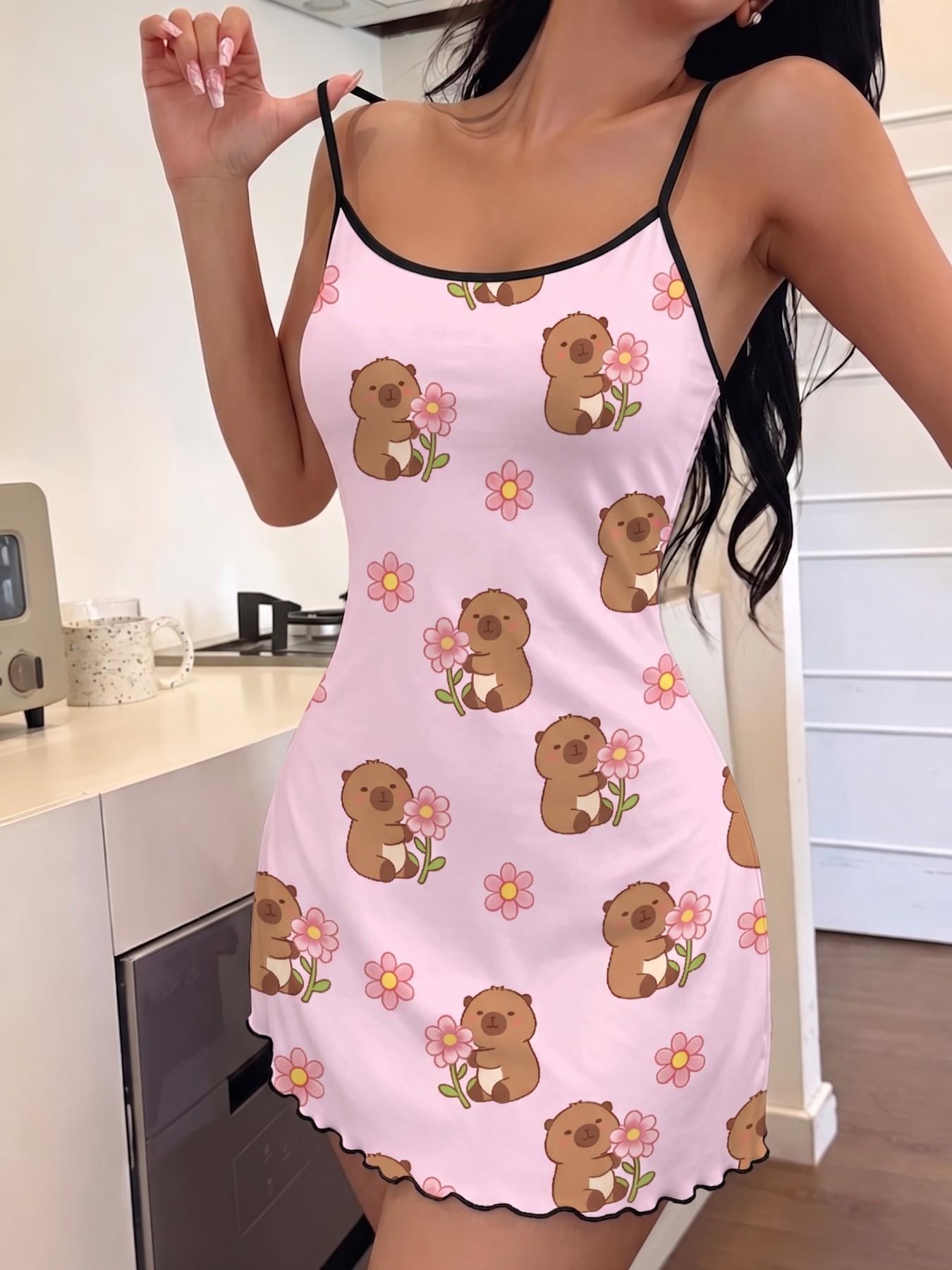 Sexy Sleeveless Nightdress, Elegant Strap Design, Cute Water Buffalo ...