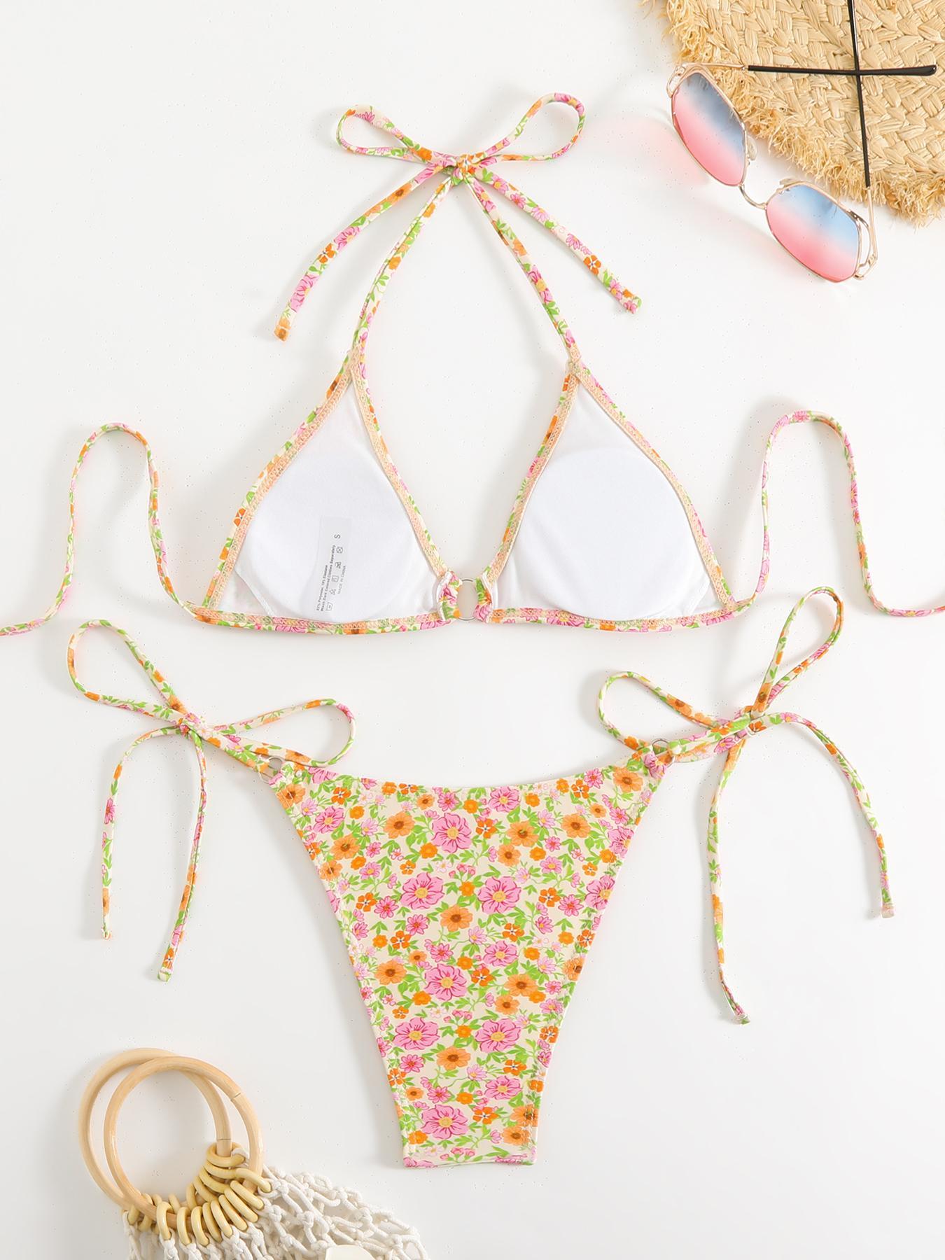 ZAFUL Women's Summer 2-Piece Halter Bikini Set, Tiny Floral Print ...