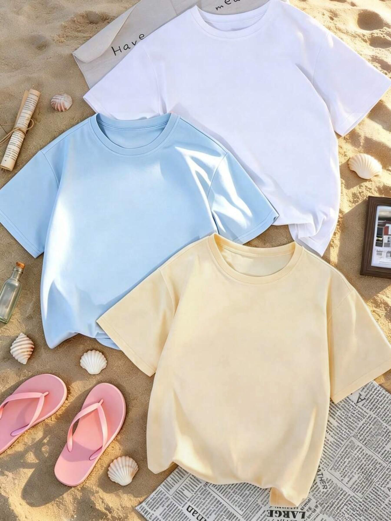 3-Pack Basic Solid Color Drop Shoulder Short Sleeve Summer T-Shirts ...