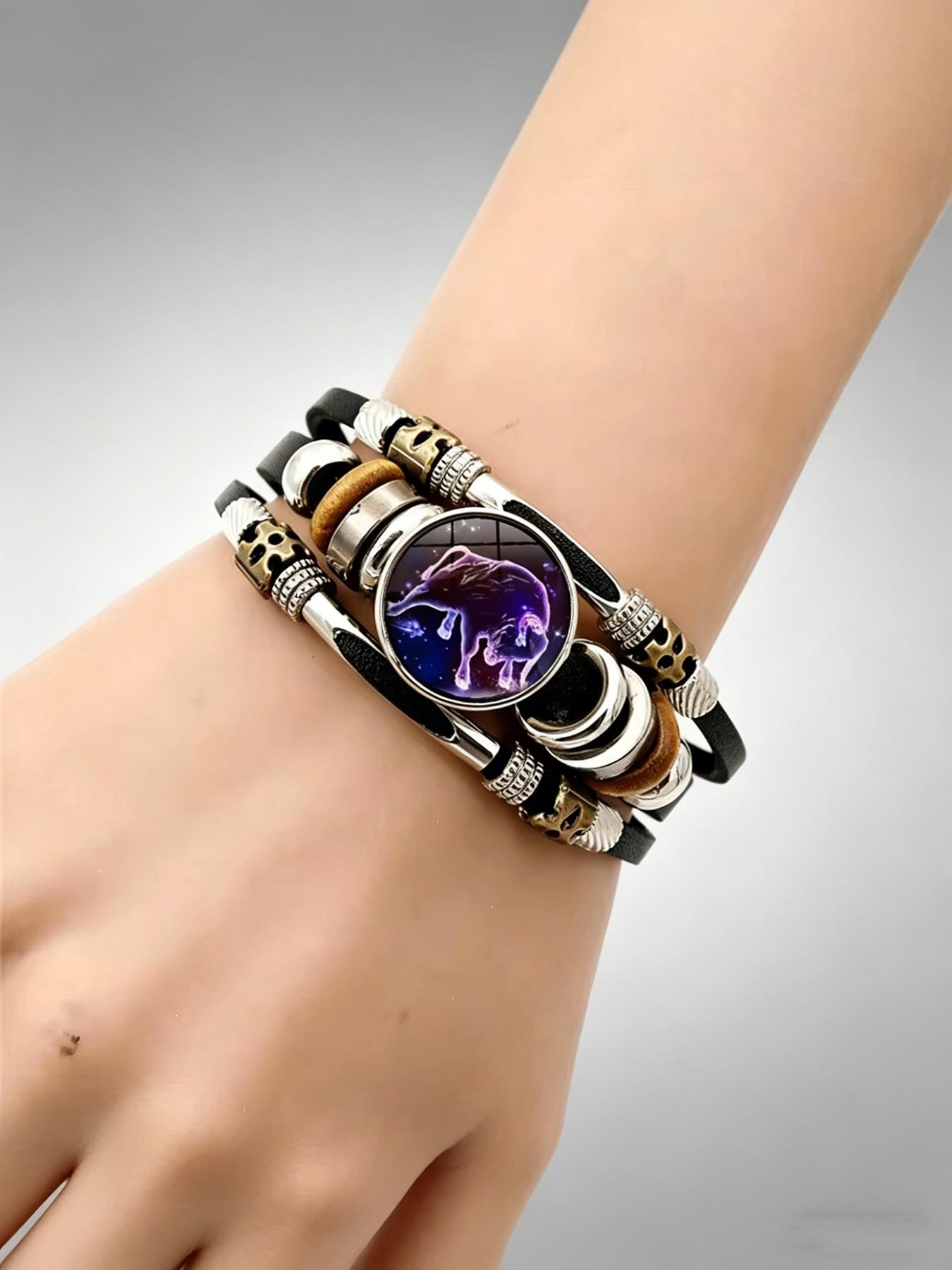 12 Constellation Leather Bracelet Zodiac Sign Glass Snap Button ...