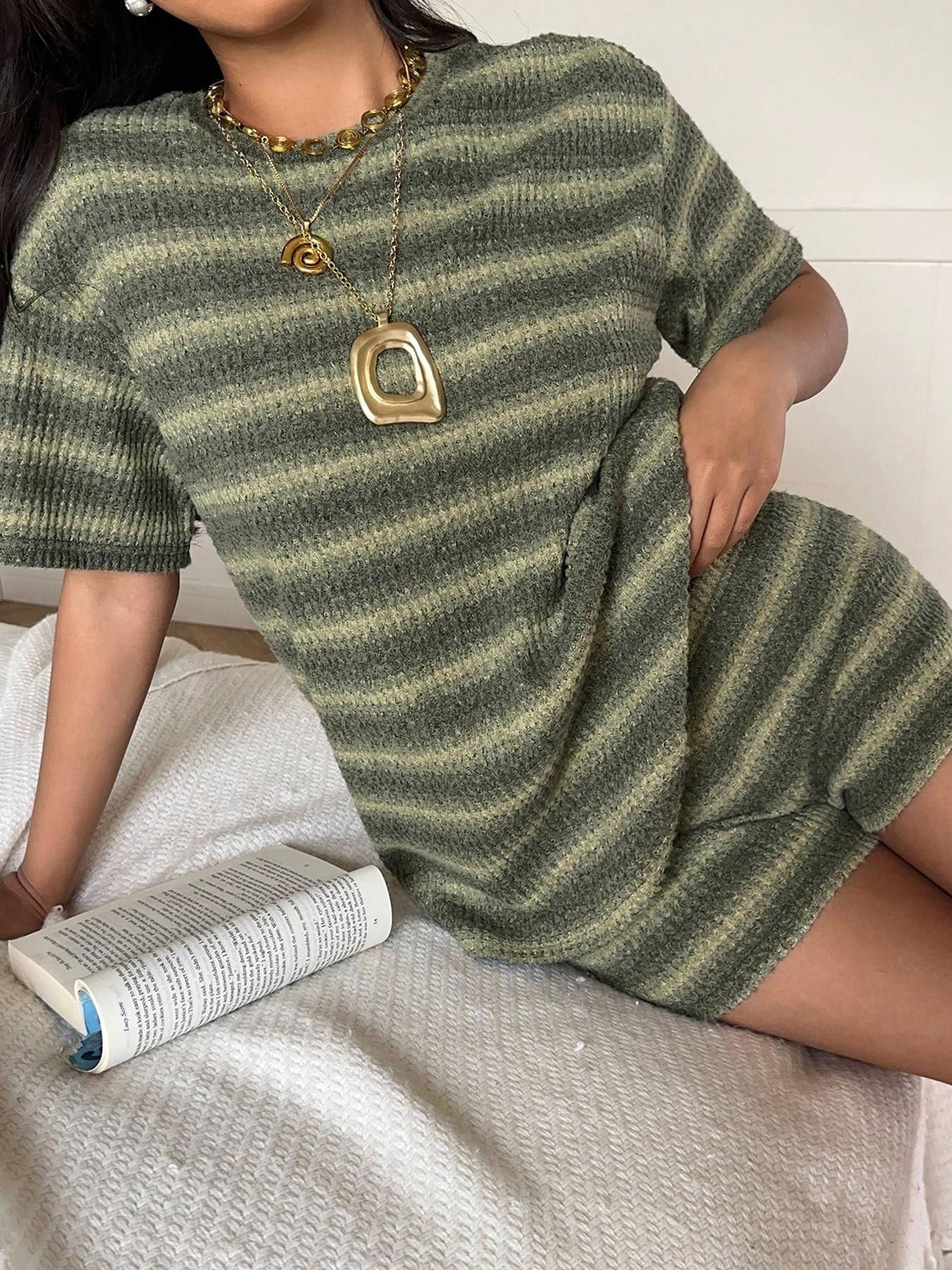 Women's Striped Waffle Knit Two-Piece Set, Short Sleeve T-Shirt ...