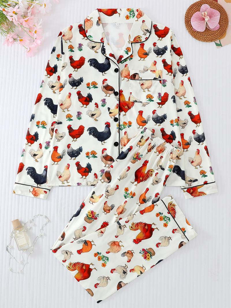 Women's Chicken Print Pajama Set, Casual Long Sleeve Button-Up Top ...