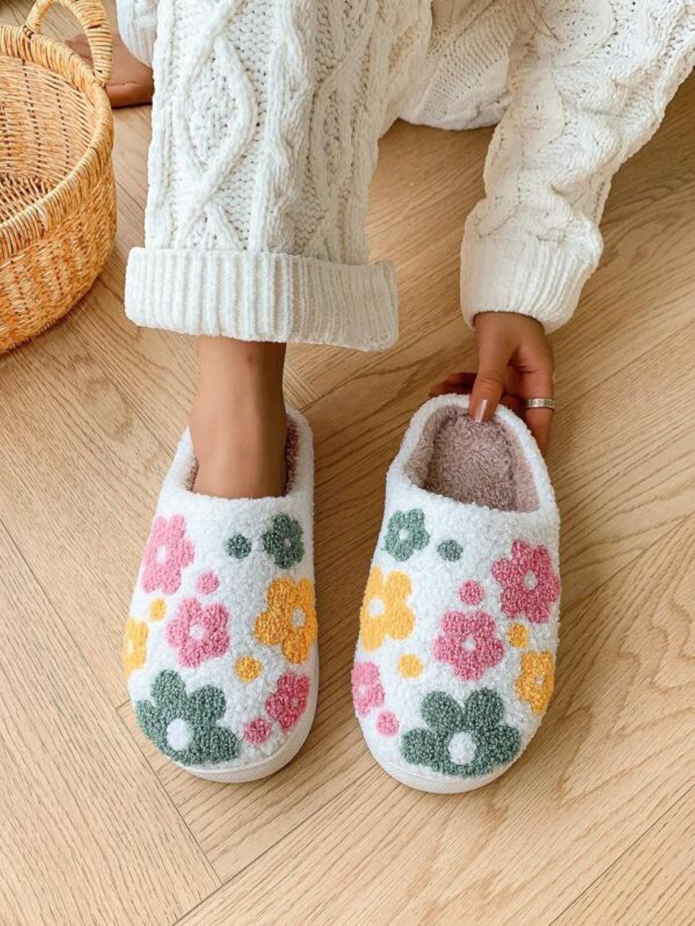 Women's Plush Floral Slippers, Comfortable Textile Indoor Shoes, Cute ...