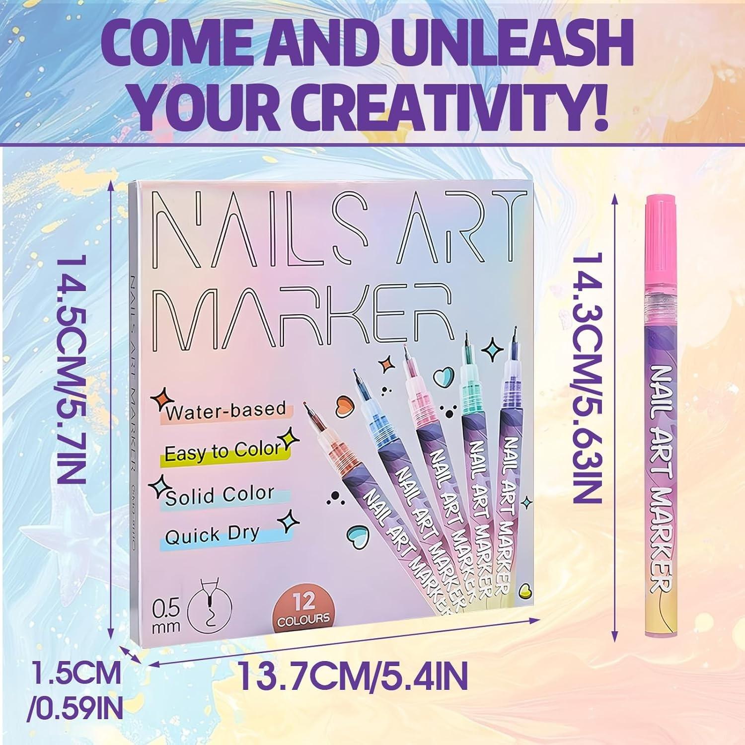 12 Colors Nail Art Marker Set, 3D Nail Art Pen, 0.5mm Nail Art Graffiti ...
