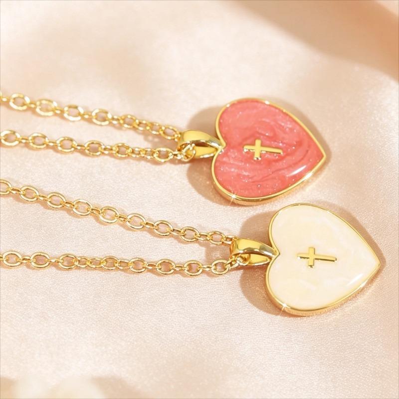 Multi-Color Shimmer Enamel Heart Cross Necklace Dainty Golden Plated ...