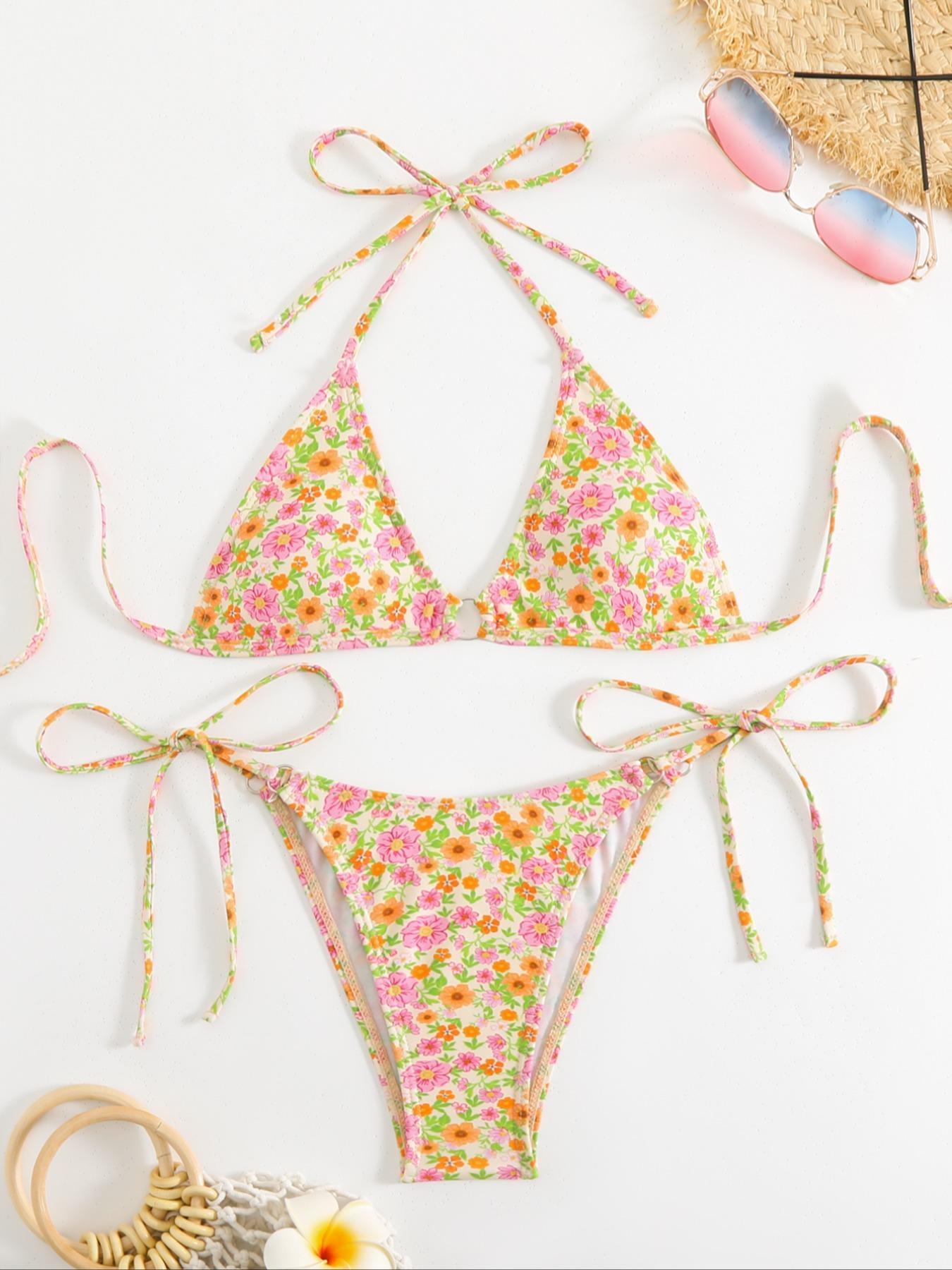 ZAFUL Women's Summer 2-Piece Halter Bikini Set, Tiny Floral Print ...