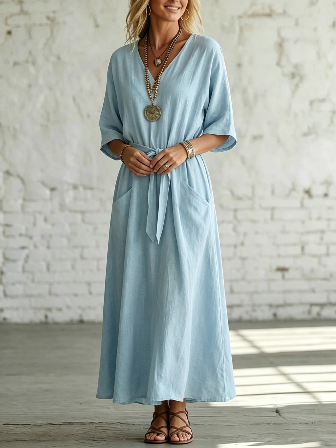 Women's V-Neck Dress, Midi Sleeveless Solid Color Breathable Waistband ...