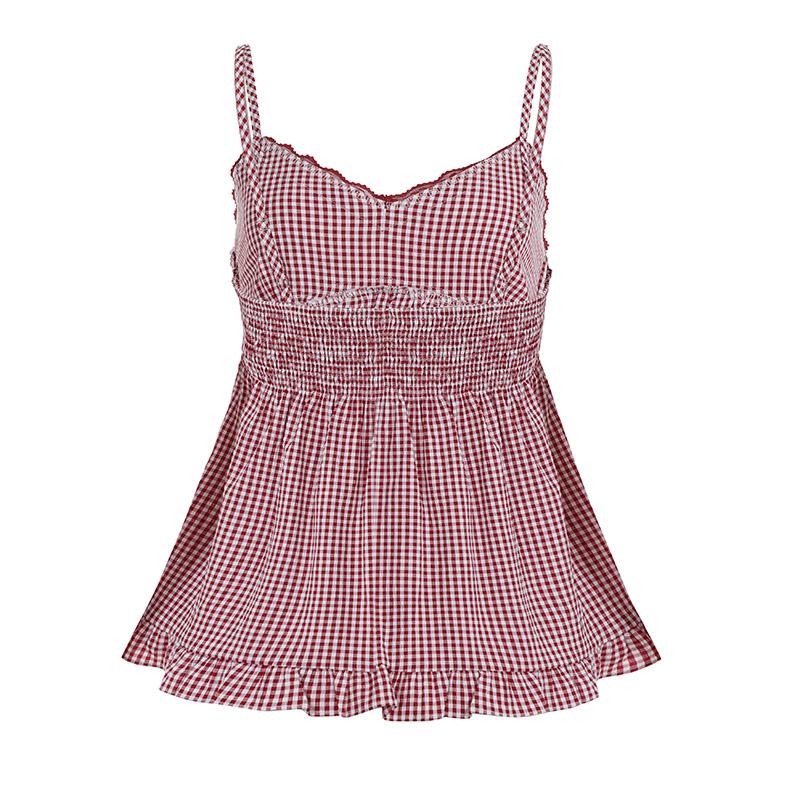 Plaid Lace Patchwork V-Neck Tank Top Sleeveless, Y2K Butterfly Knot ...