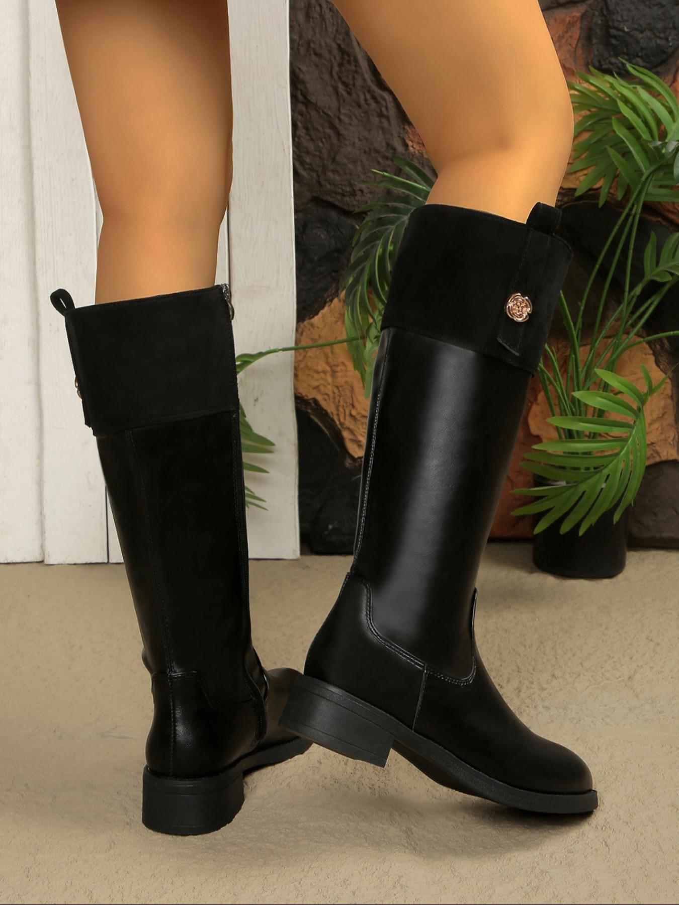 Women's Patchwork Knight Boots, Flat Heel Wide Calf Friendly High Top ...