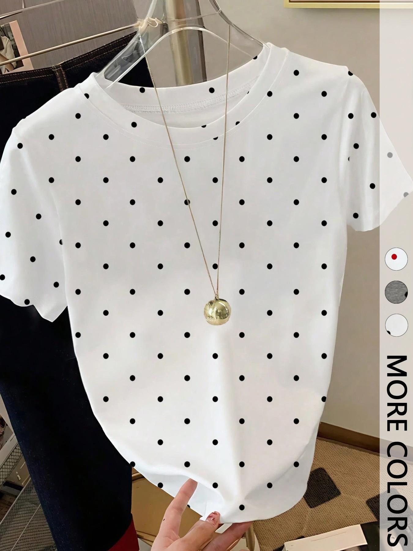 Women's Casual Polka Dot Loose Fit Daily Wear Cute Aesthetic Round Neck ...