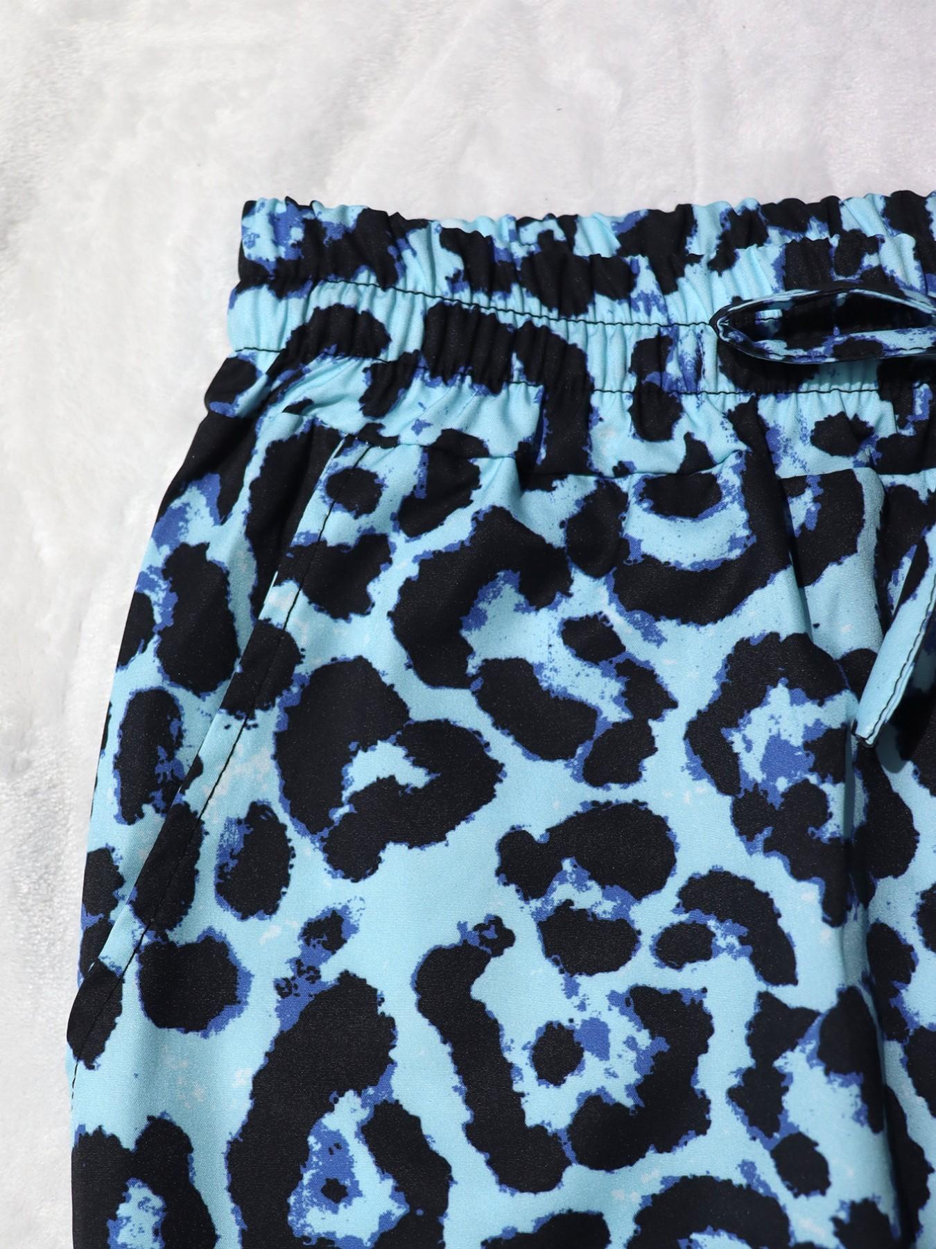 Blue Leopard Print Open Front Set, Long Semi-Transparent Two-Piece ...