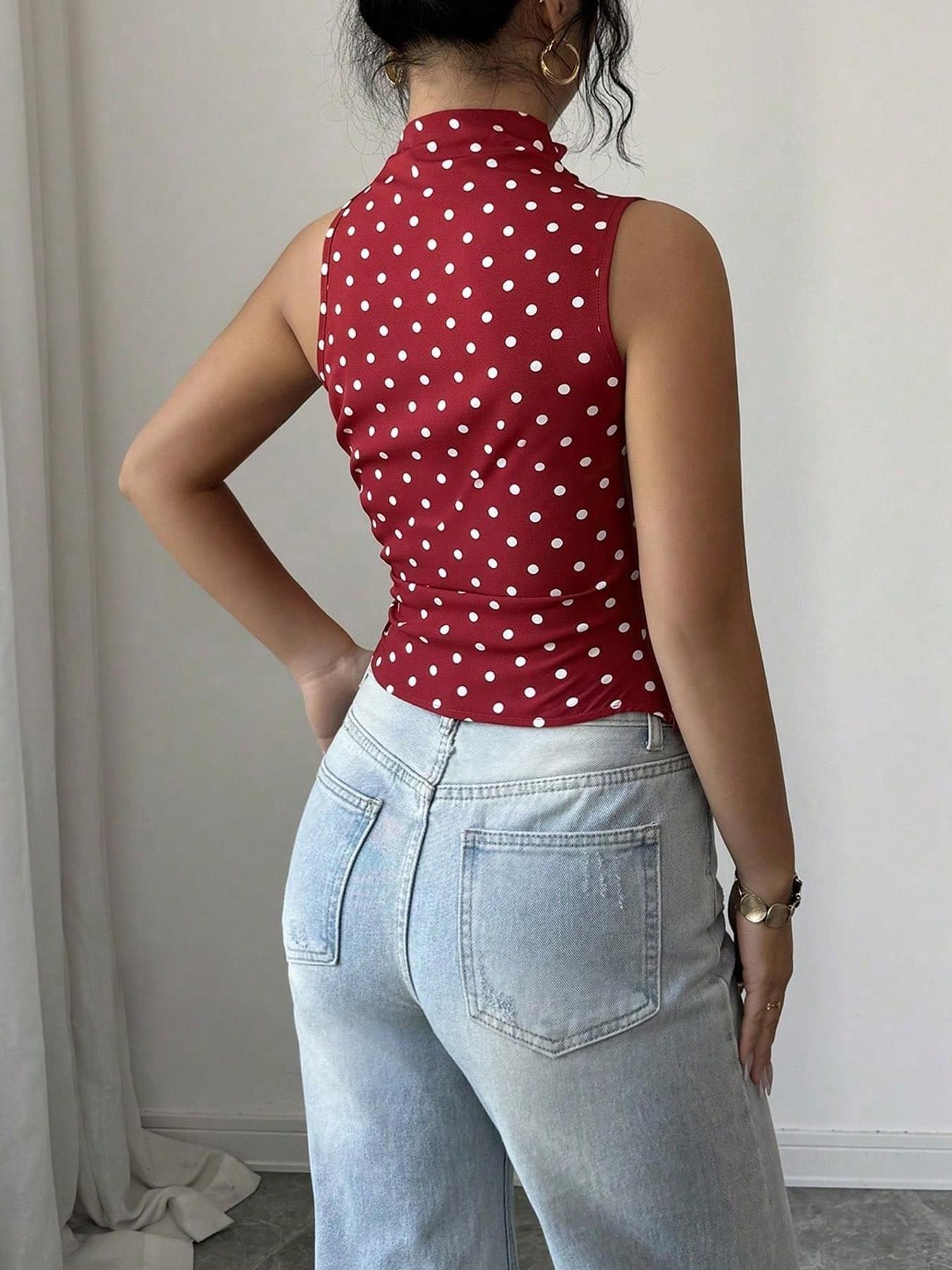 Polka Dot Ruched High Neck Sleeveless Top, Y2K Retro Asymmetrical Hem ...