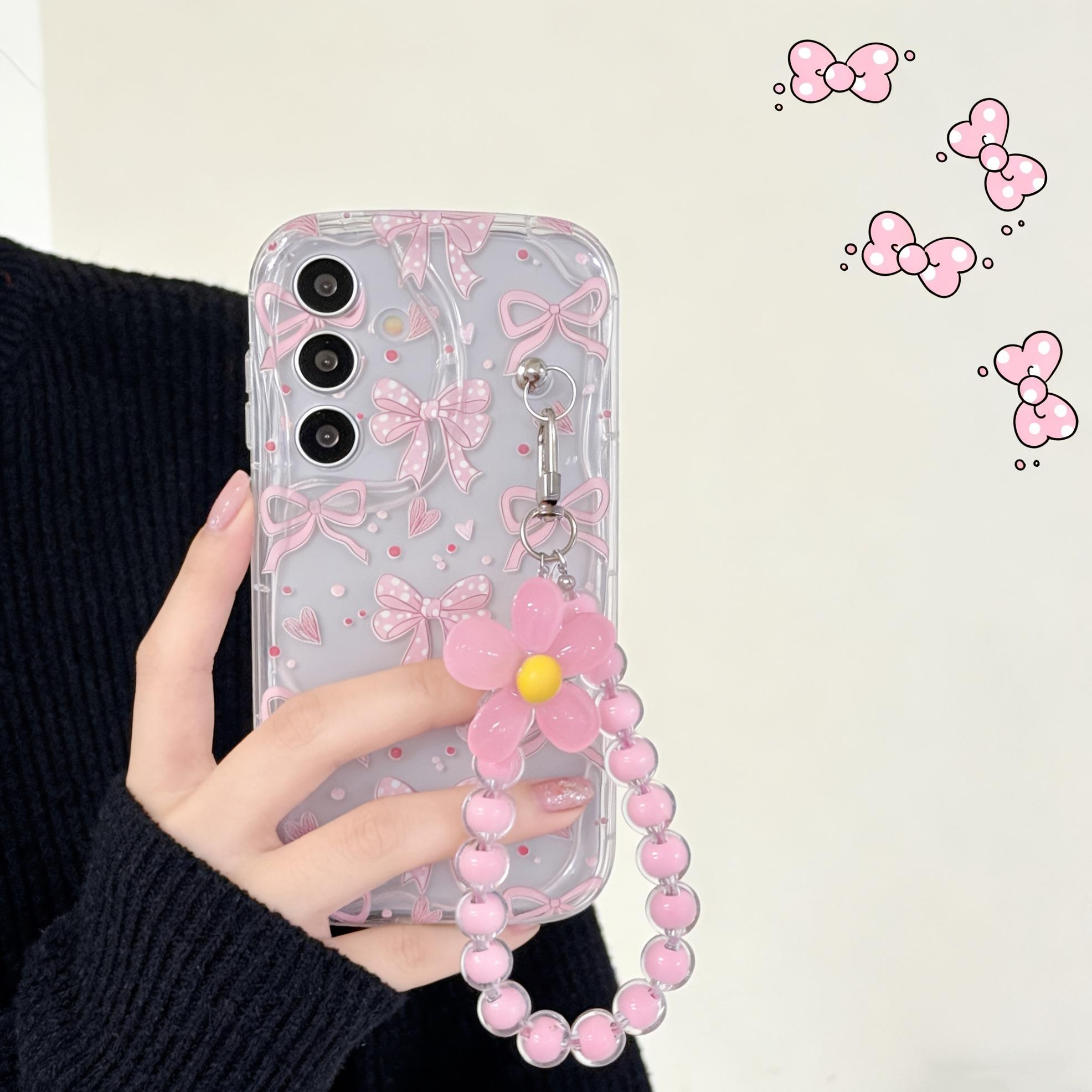 Transparent Shell With Pink Bow Pattern+Flower Bead Hanging Chain ...