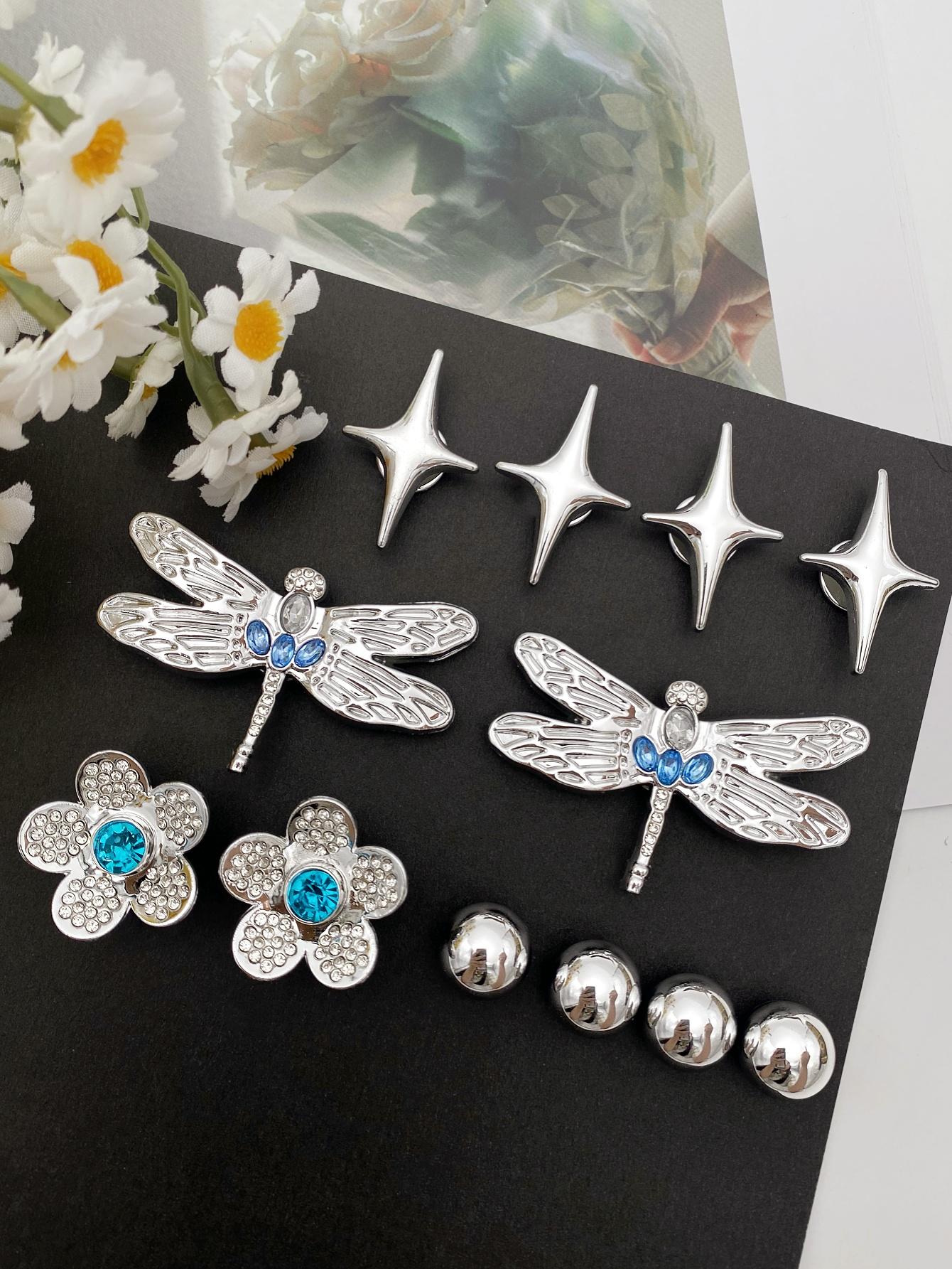12pcs Silver Color Rhinestone Dragonfly Flower Star Abs Pearl DIY Bling ...