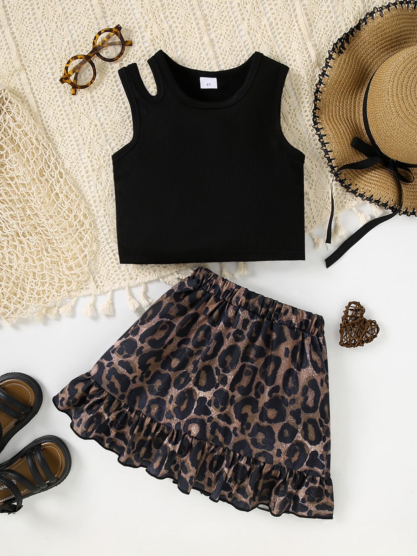 Girls' Two-Piece Summer Set, Hollow Out Cold Shoulder Vest & Leopard ...