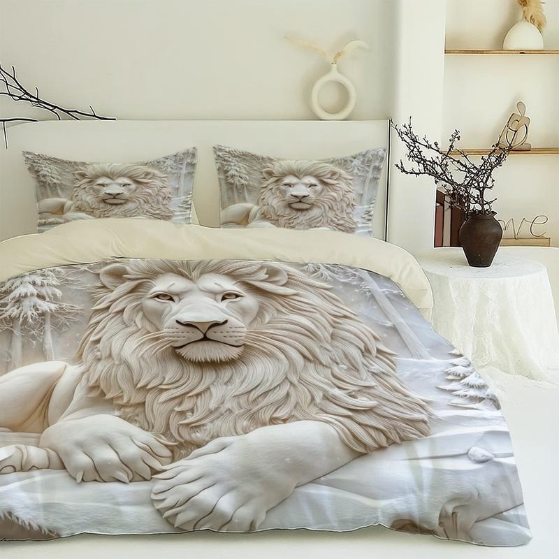 3-Piece White Relief Forest Lion Statue Printed Duvet Cover Set Bed Set ...