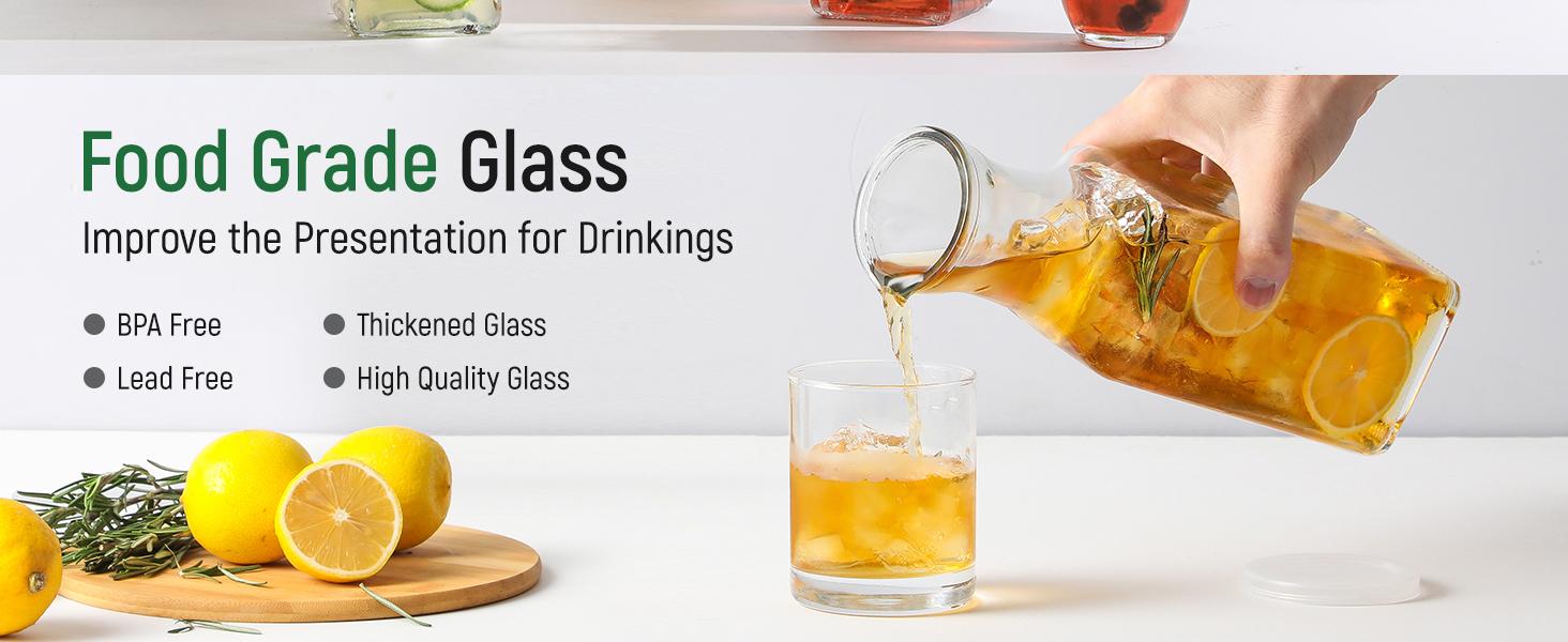 Set of 4 Square Glass Carafe with Lid, 1 Liter Clear Glass Pitcher ...