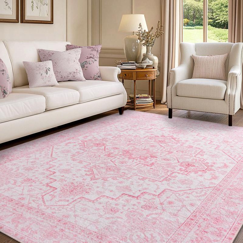 Vintage Floral Area Rugs For Living Room Bedroom, Pink Soft Washable ...