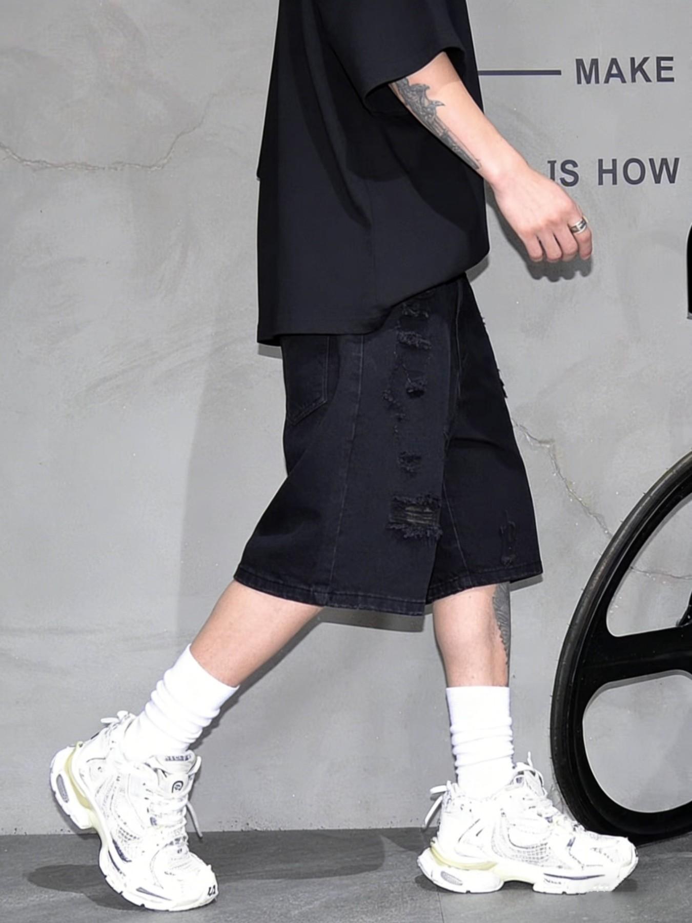 Men's Solid Ripped Denim Shorts, Loose Casual Comfy Fashion Shorts for ...