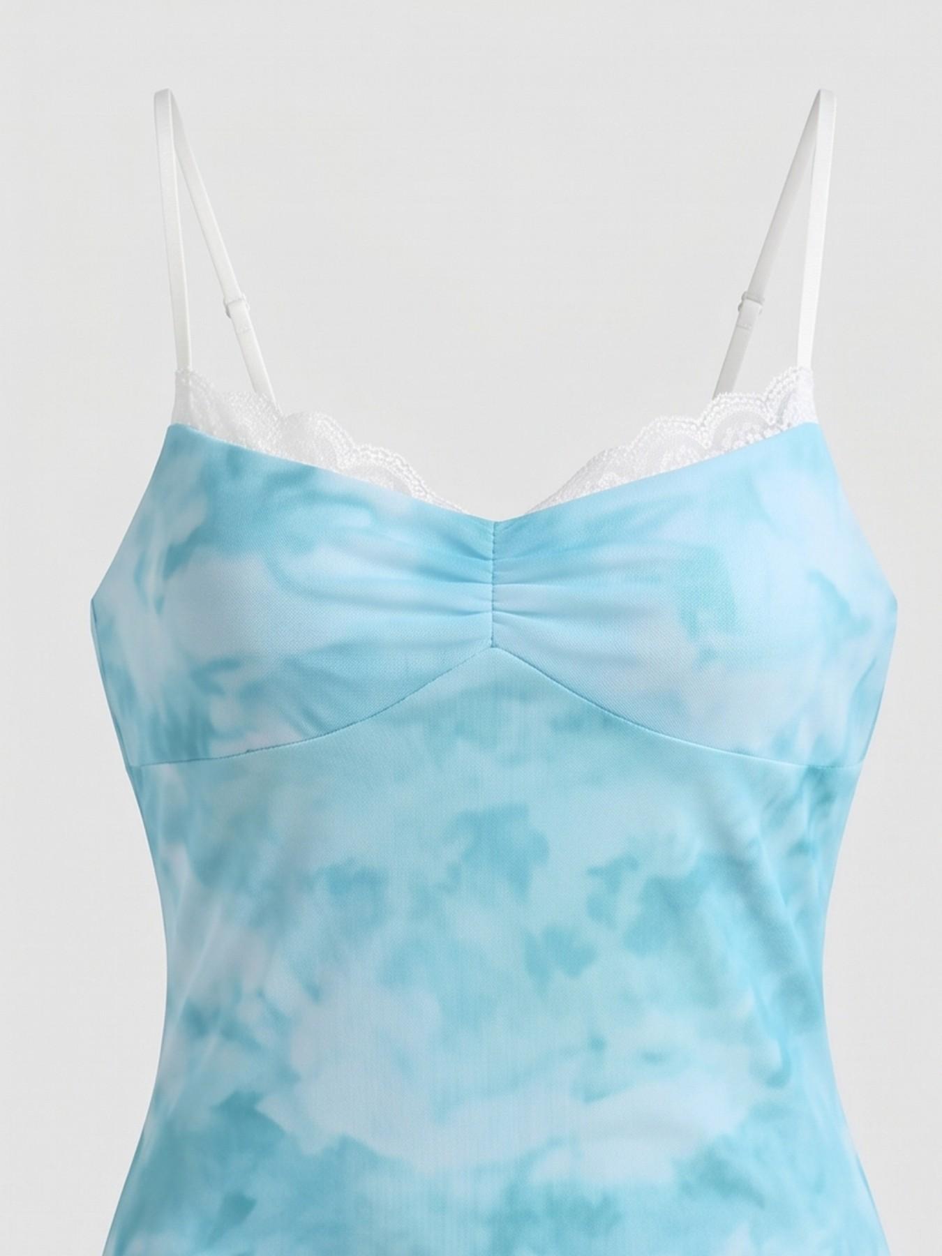 Women's Light Blue Tie-Dye Halter Sleeveless Slim Fit Fish Tail Long ...