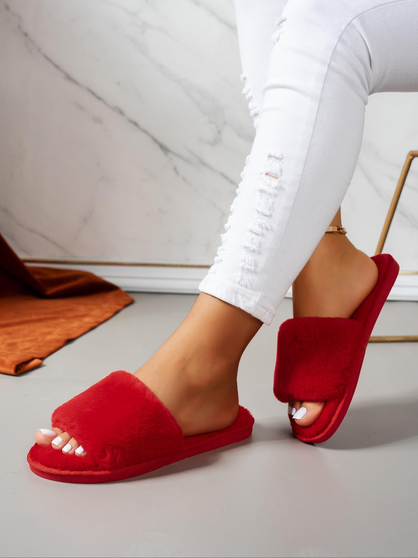 Multi-Color Plush Slippers, Warm Outer Wear Fuzzy Mules, Fall Winter ...