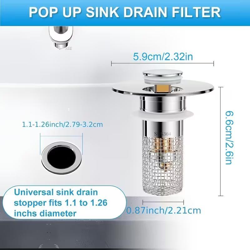 2pcs Stainless Steel Pop-Up Drain Basket with Hair Trap, Removable ...