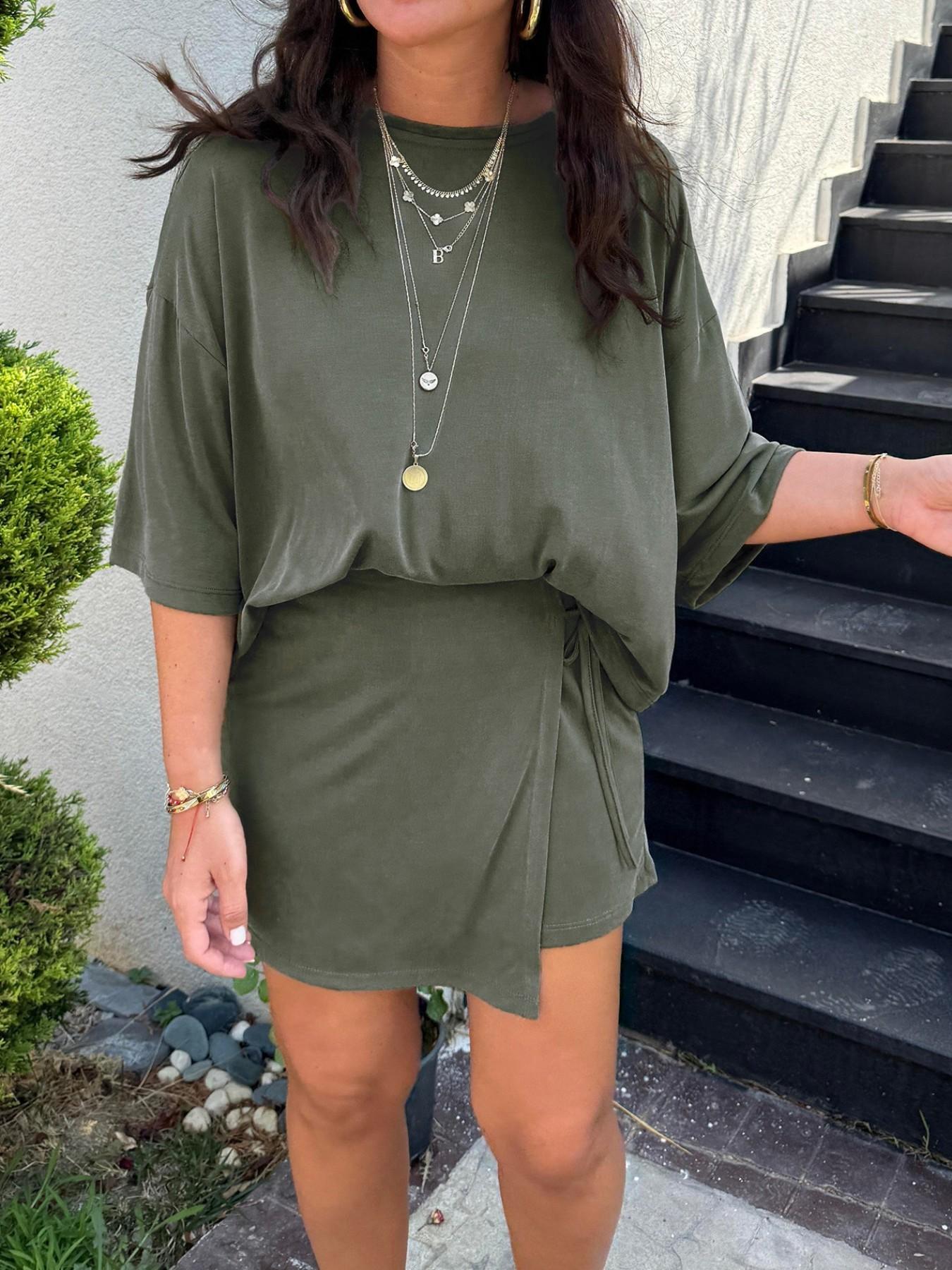 Summer Casual Solid Color Loose Fit T-Shirt Belted Adjustable Wrap Mini ...