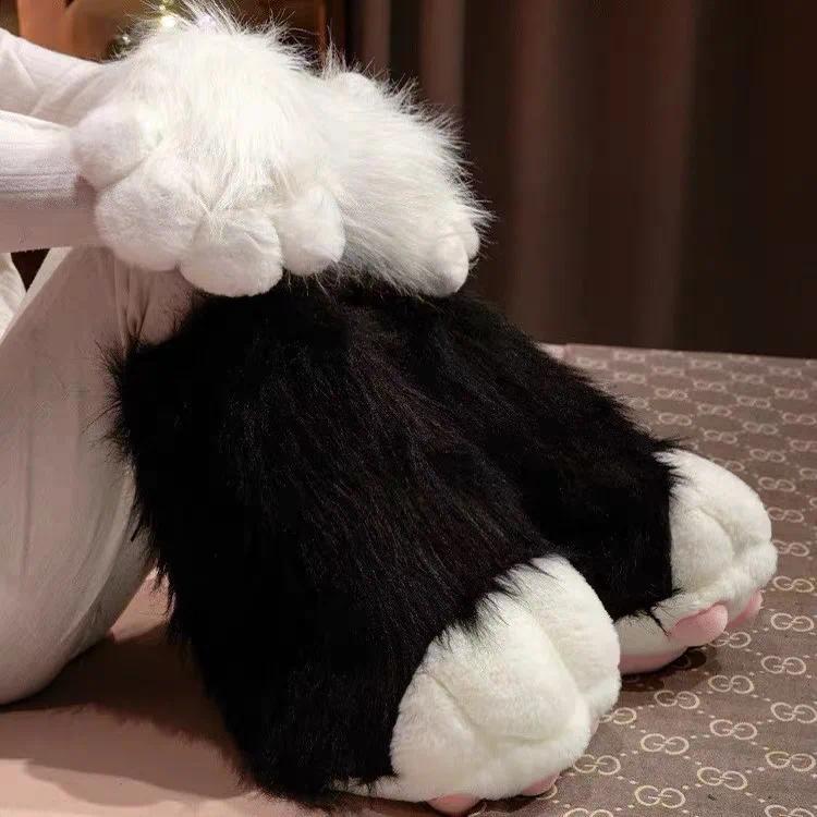 Cute Cartoon Paw Fluffy Slippers Women Winter Warm Shoes Soft Faux Fur ...