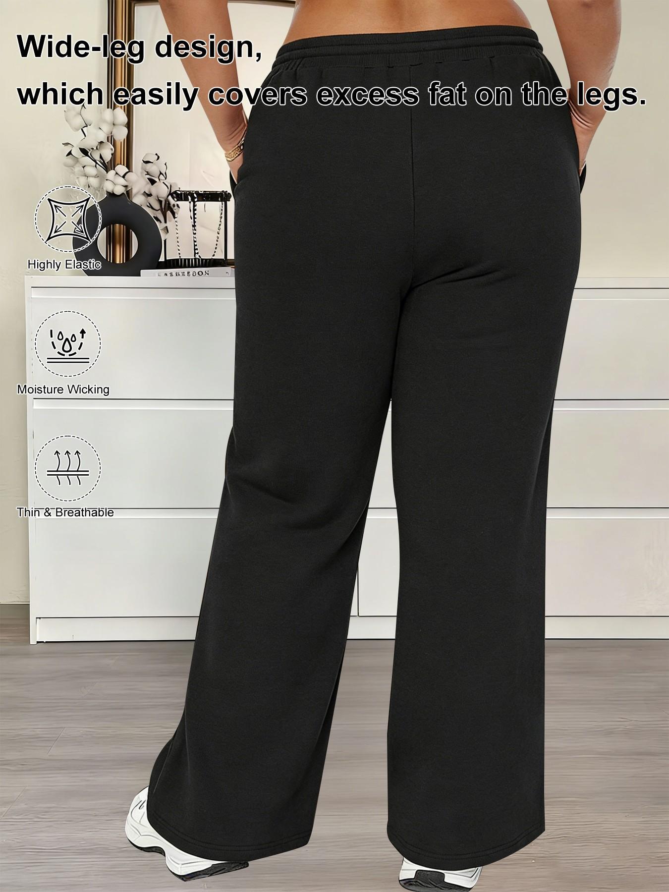 Women's Plus Size Wide Leg Sport Pants, Soft Elastic Fabric, Pockets ...