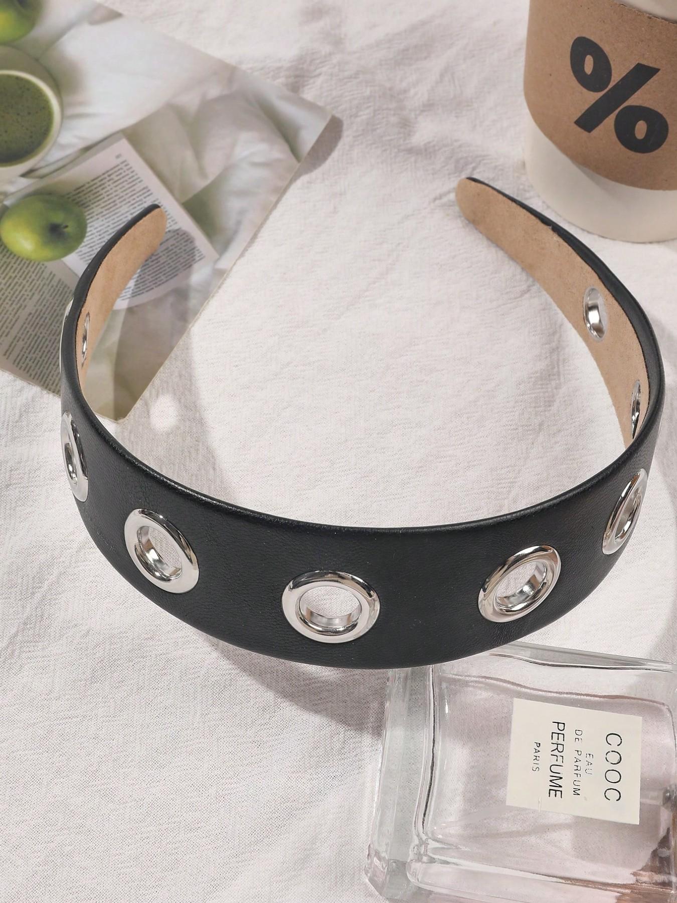1pc Punk Style Black Faux Leather Metal Hollow Headband, Grommet ...