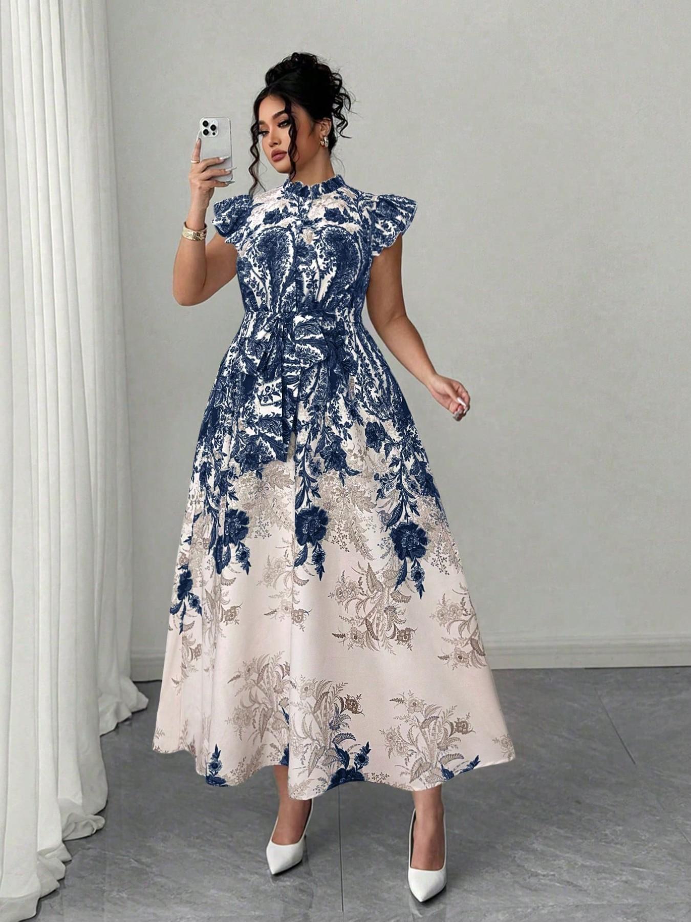 Plus Size Vintage Blue Polka Dot Midi Dress, Sleeveless Loose-Fit ...