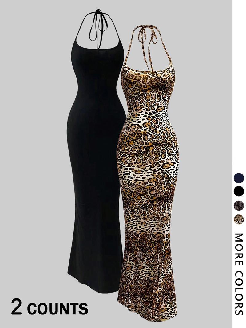 2-piece leopard print camisole and floor-length slim bodycon mini skirt ...